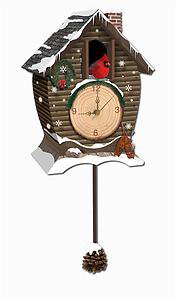 SNOWY CABIN Brown Cuckoo Clock Red Cardinal Sings His Song