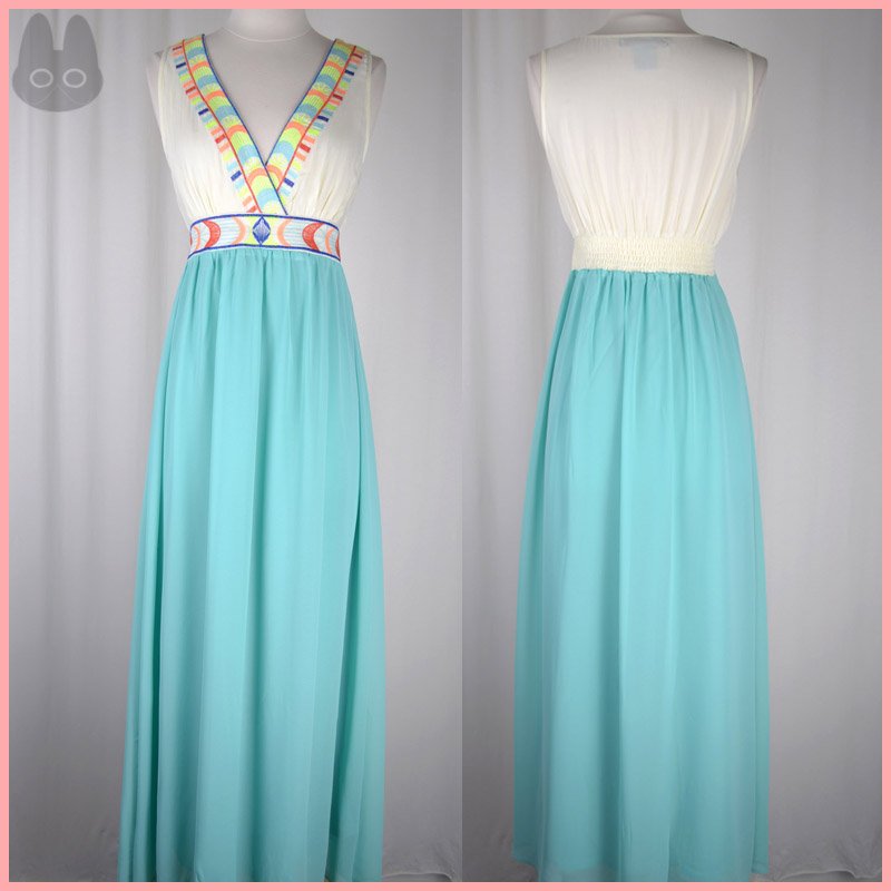 Flying Tomato Bohemian Boho Ethnic Aztec Embroidery Mint Summer Maxi ...