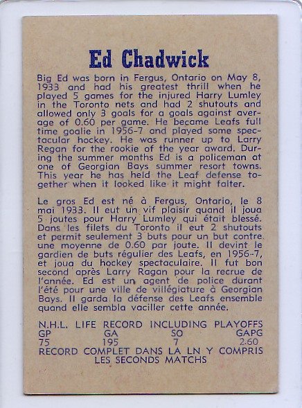 Ed Chadwick 1957 Parkhurst #T2 Rookie RC Maple Leafs Tough Pull!