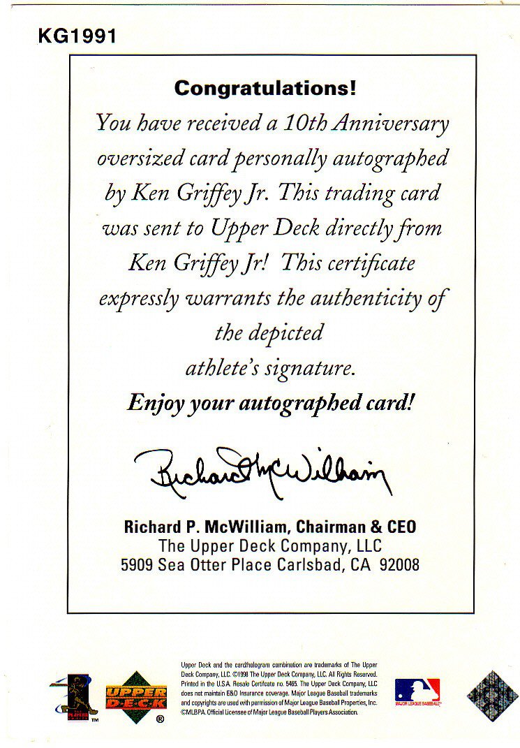 Ken Griffey Jr. HOF Auto 1998 10th Anniversary Autographed Jumbo # ...