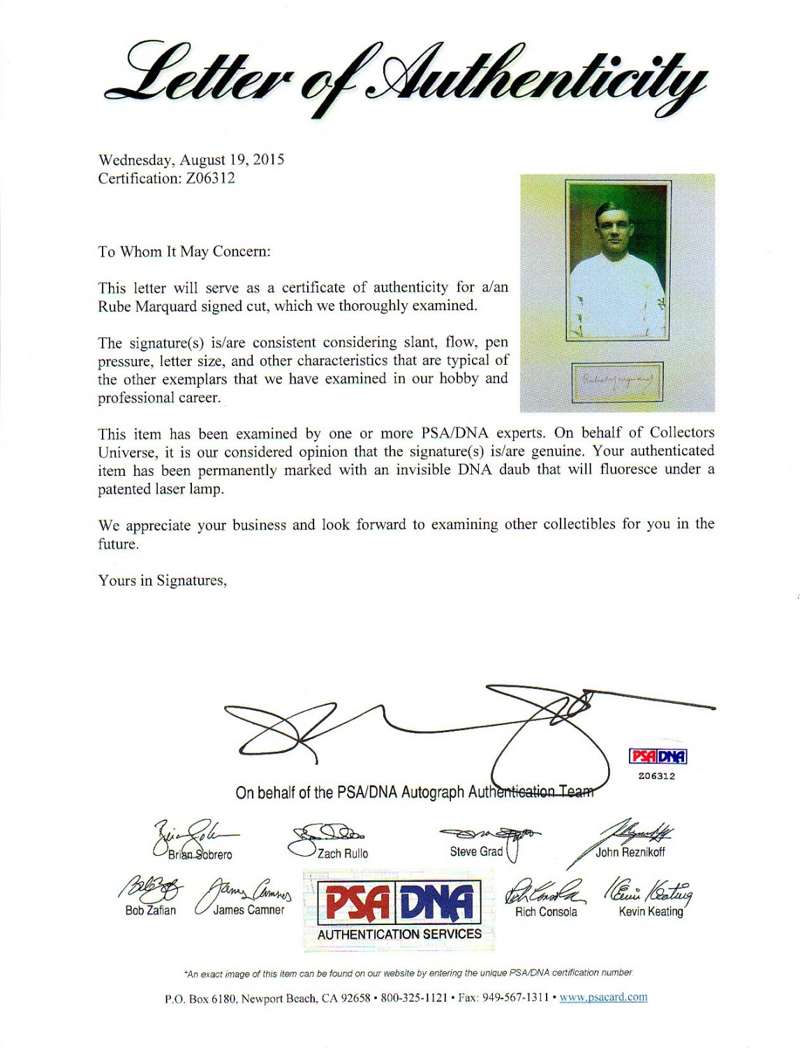 Rube Marquard Certified Autographed Matted Display HOF PSA/DNA Full ...