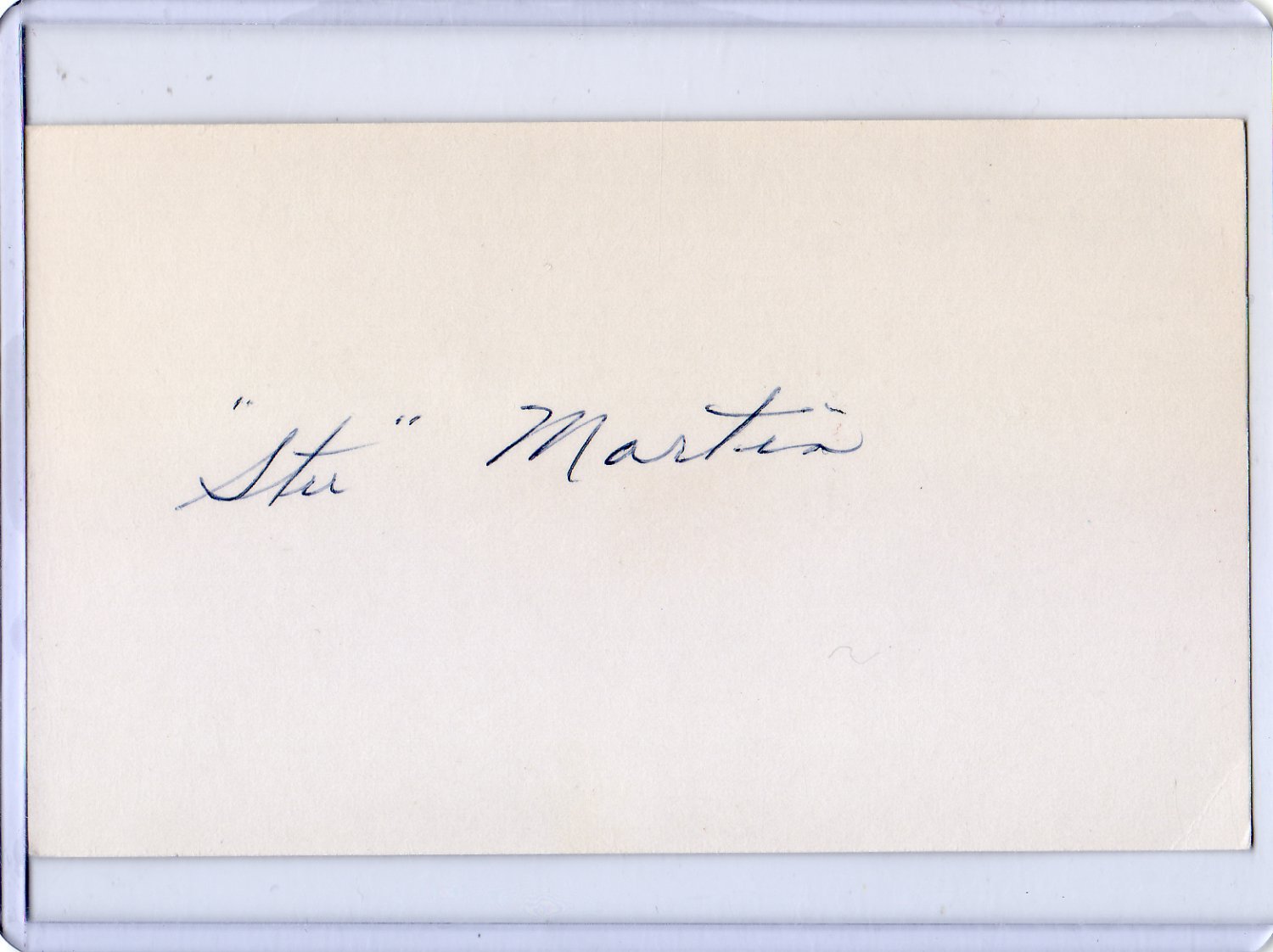 Stu Martin Autographed 3 x 5 Index Card Cardinals Pre-certified by PSA/DNA