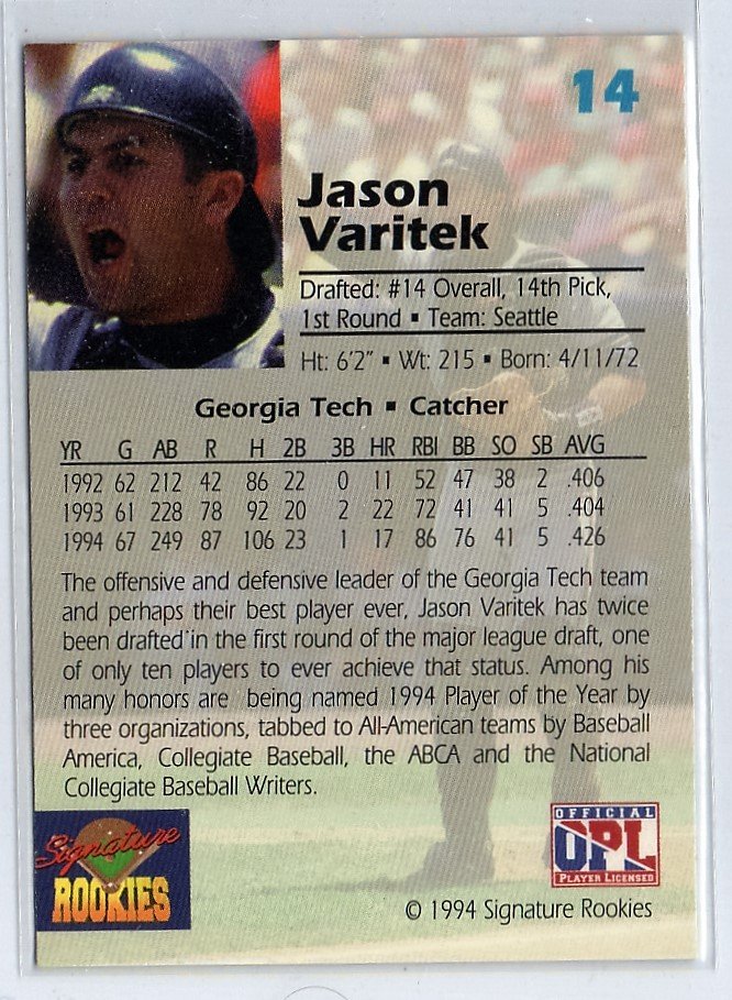 Jason Varitek RC Auto 1994 Signature Rookies Autographed Draft Picks ...