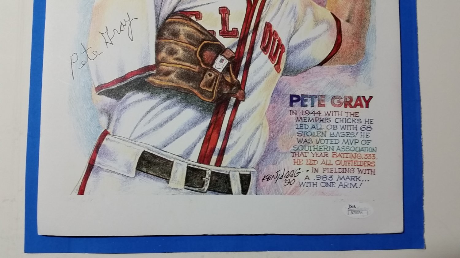 Pete Gray Signed Autographed 11x14" Lithograph 1st One Armed Player ...