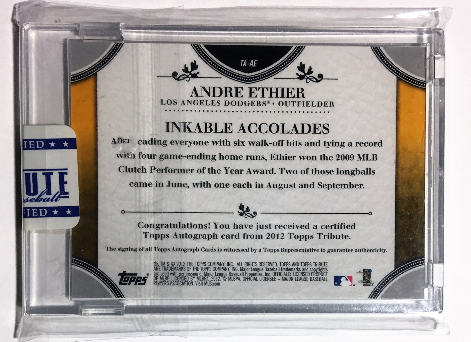 ANDRE ETHIER 2012 Topps Tribute Certified Autograph Issue #TA-AE ...