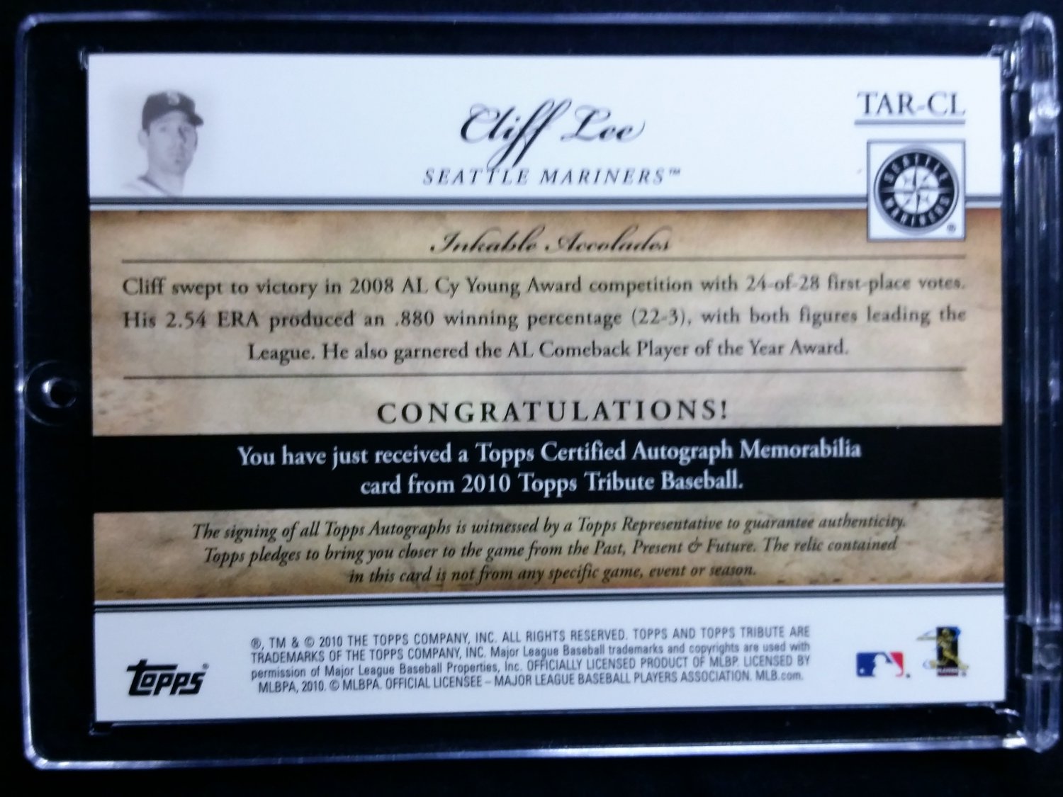 Cliff Lee /75 Auto 2010 Topps Tribute Autographed Relic #TAR-CL ...