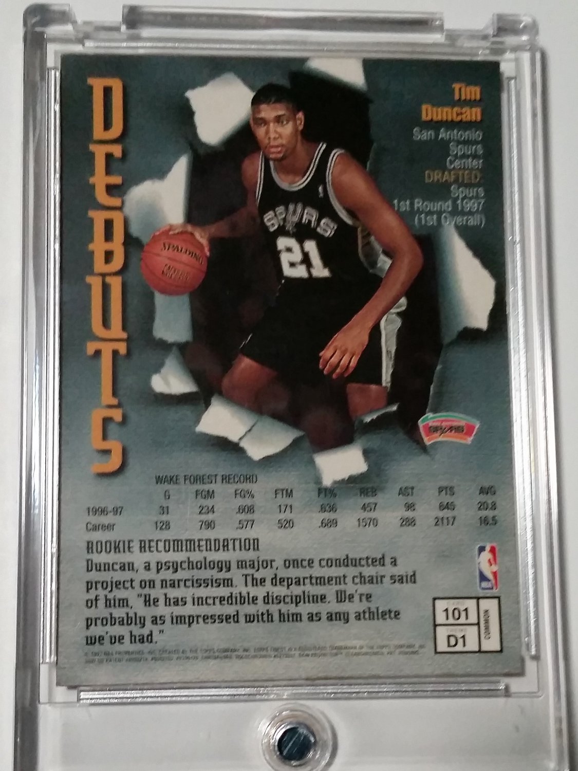 Tim Duncan RC 1997-98 Topps Finest #101 w/Peel! Spurs Rookie
