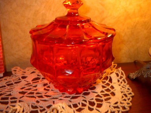 VINTAGE FENTON CANDY DISH W/ chipped LID . Orange glass Fenton