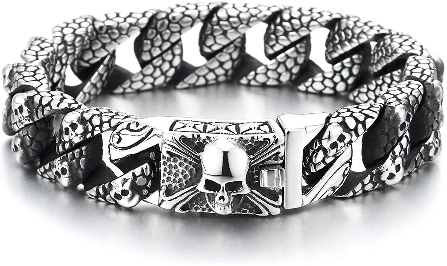 Skull Charms Snake Skin Pattern Curb Chain Mens Large Steel Bracelet ...