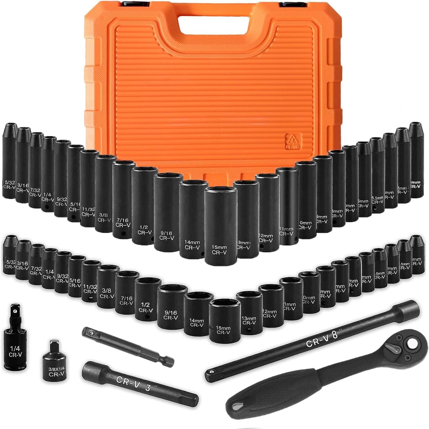 56-Piece 1/4" Drive Impact Socket Set with Ratchet and Case, SAE & Metric