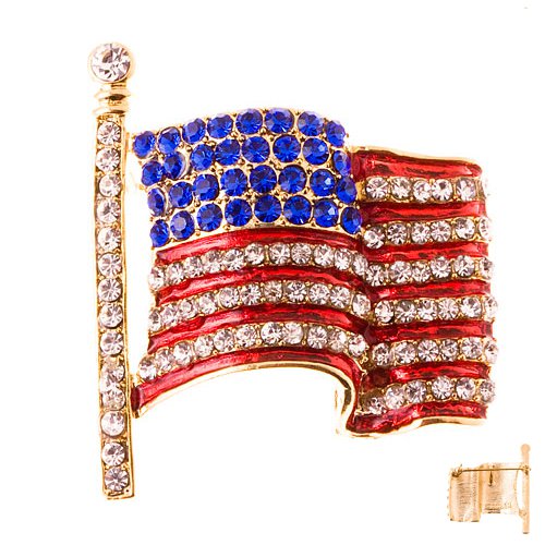 Patriotic Jewelry American Flag Crystal Rhinestone 3D Brooch Pin Gold ...