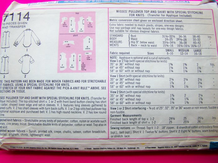 1970's Misses Pullover Twin Set Top and SHirt Sz 12 14 Simplicity ...