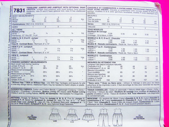 Toddler Boys Girls 1 2 3 Jumpsuit Jumper Dress McCalls Sewing Pattern 7831