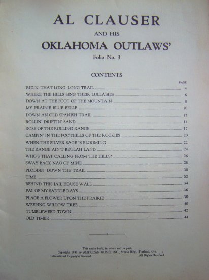 1940s Al Clauser Oklahoma Outlaws Band Country Songs Book # 3 Guitar ...