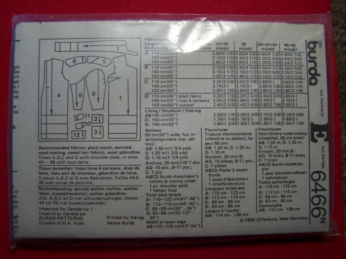 Burda Sewing Pattern 6466 Three Length Coat Jacket Patterns Sale