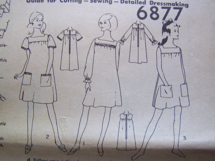 1960s Vintage Smock Top Dress Sewing Pattern 6877 Square Neck Puff Sleeves