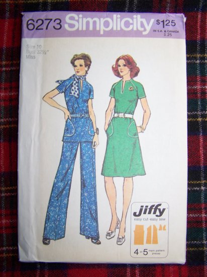 70's Vintage Sewing Pattern 6273 Misses Easy Dress Tunic Top Pants Sz 10