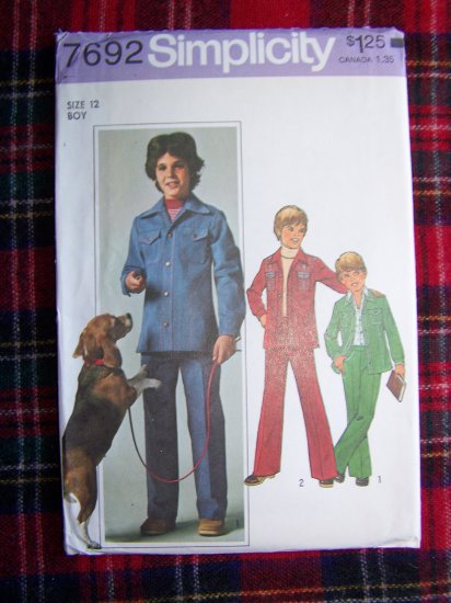 70's Vintage Boys Sewing Pattern Safari Leisure Suit Sz 12 Simplicity 7692