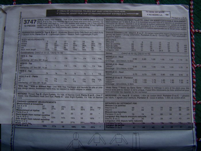 McCall's Sewing Pattern 3747 Girls 12 14 16 Uncut Long Sleeve Tops Pants