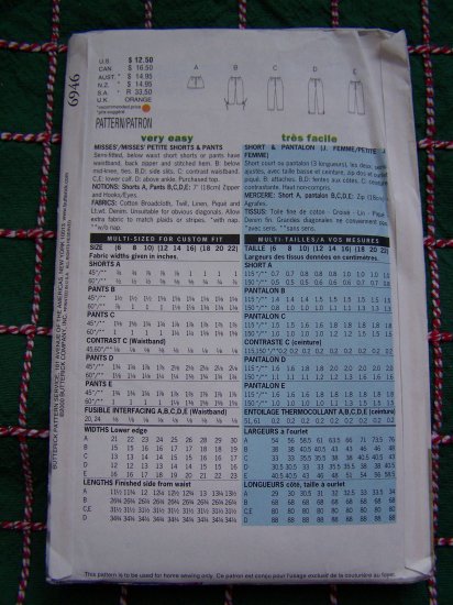 Butterick Sewing Pattern 6946 Easy Misses Shorts 4 Lengths of Capri ...