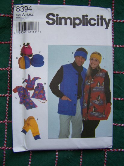 Simplicity 8394 S M L Unisex Outerwear Fleece Velour Vest Hat Scarf ...