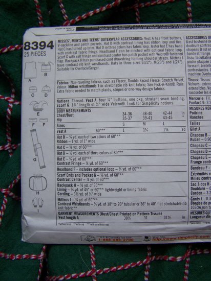 Simplicity 8394 S M L Unisex Outerwear Fleece Velour Vest Hat Scarf ...