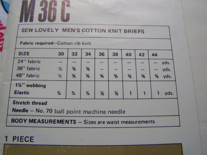 Vintage Men's Cotton Knit Underwear Briefs Sewing Pattern 30 32 34 36 ...
