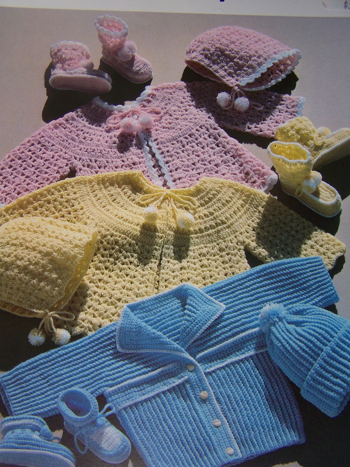 New 1980's Vintage Crochet Patterns 6 Layette Sets Baby Sweaters ...