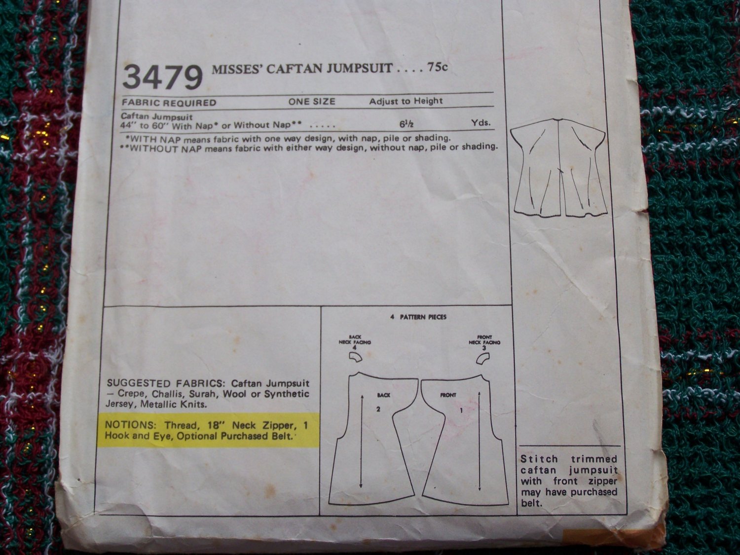 Uncut Vintage Caftan Jumpsuit Sewing Pattern 3479 Hostess Dress