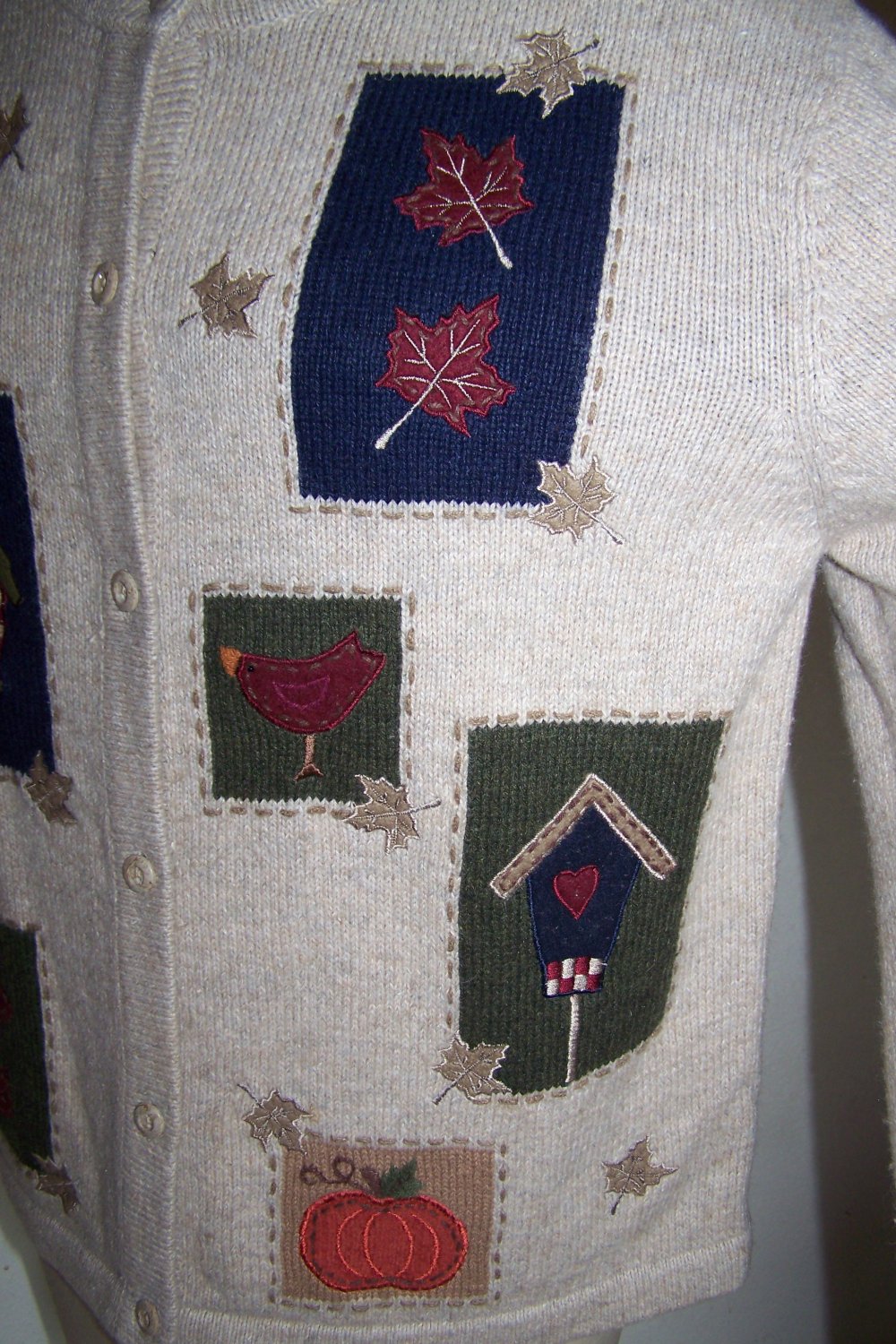 Large Womens Fall Thanksgiving Cardigan Sweater Pumpkins Apples Birds ...