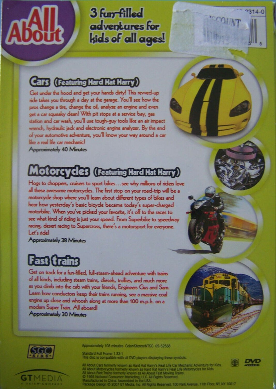 DVD TRIPLE FEATURE ALL ABOUT CARS MOTORCYCLES & FAST TRAINS w/TOY CAR MIP