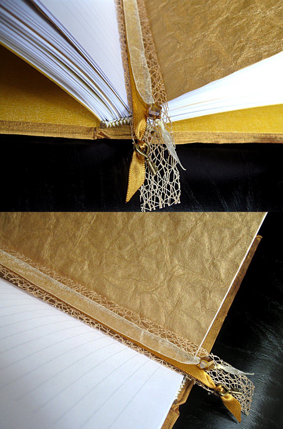Hand Bound Gold Journal with Ribbon Bookmarks and Key Charm