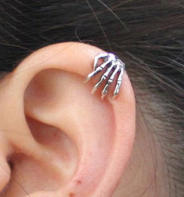 925 Sterling Silver Skeleton Hand Ear Cuff Wrap Clip On Earrings Men/Lady's