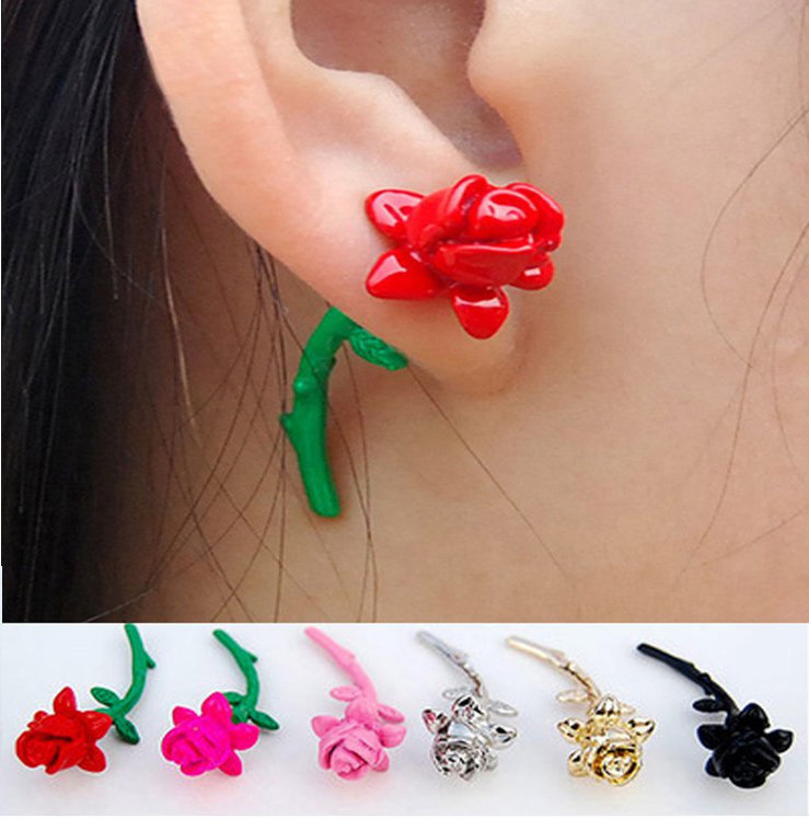 Pair 3D Rose Flower Stud Fake Gauge Earrings - Cool Rock Punk Metal ...