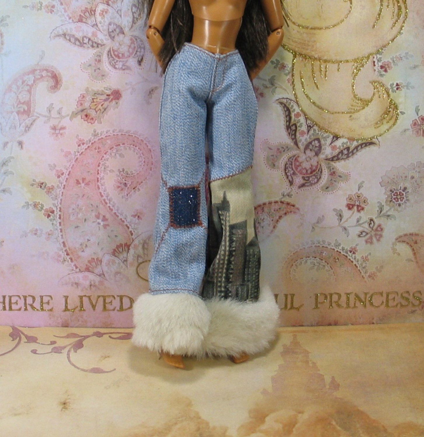 Barbie Flavas Doll Faded Denim Faux Fur Cuff City Graphic Flare Jeans ...