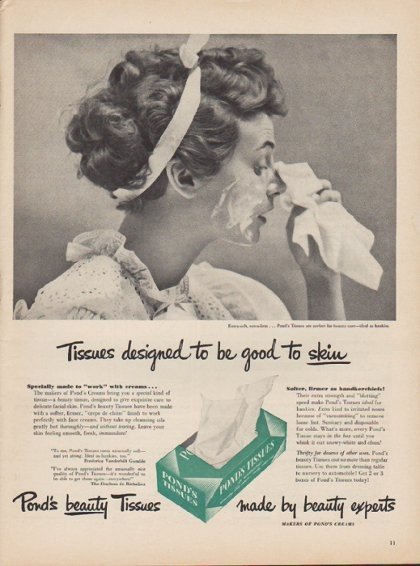 1949 Pond's Tissues Ad "Tissues designed to be good to skin"