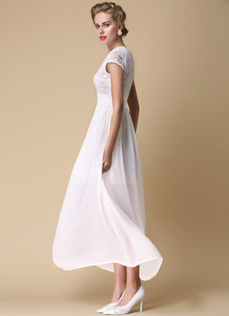 Floral Embroidered White Lace Chiffon Maxi Dress with Angled Waist Yoke ...