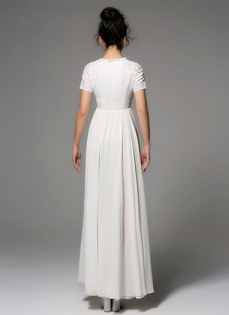 White Lace Chiffon Maxi Dress With Ruffled V Neck And Sleeves Rm305