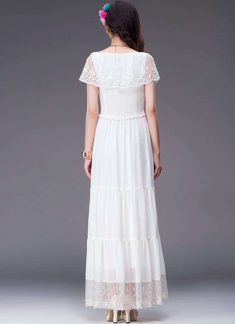 Tiered White Lace Chiffon Maxi Dress With Tiny Cape Rm313