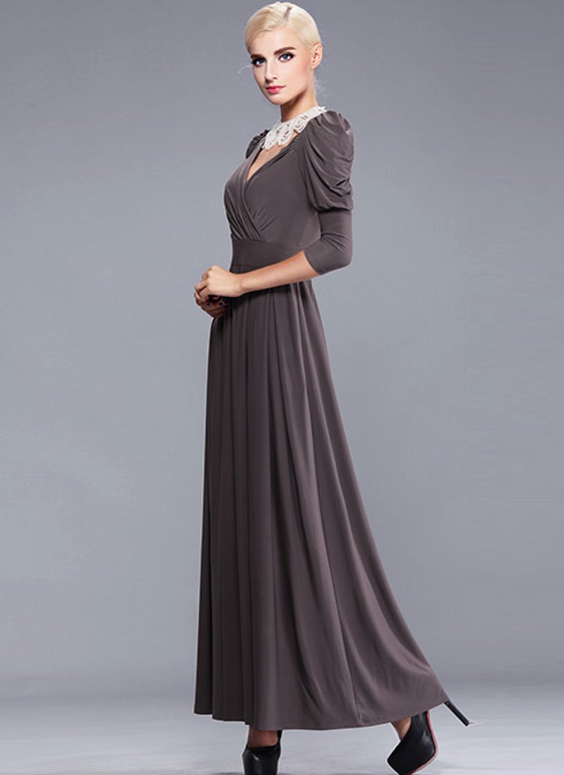V Neck Dark Brown Maxi Dress with Bishop Sleeves RM392