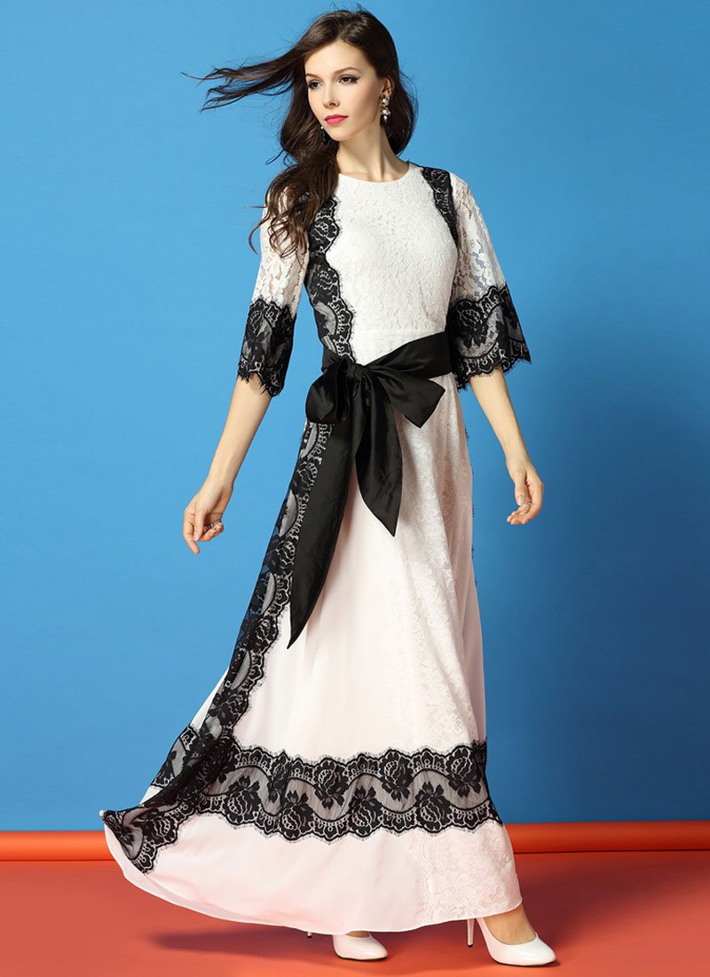 White Lace Chiffon Maxi Dress With Black Eyelash Lace Details Rm445