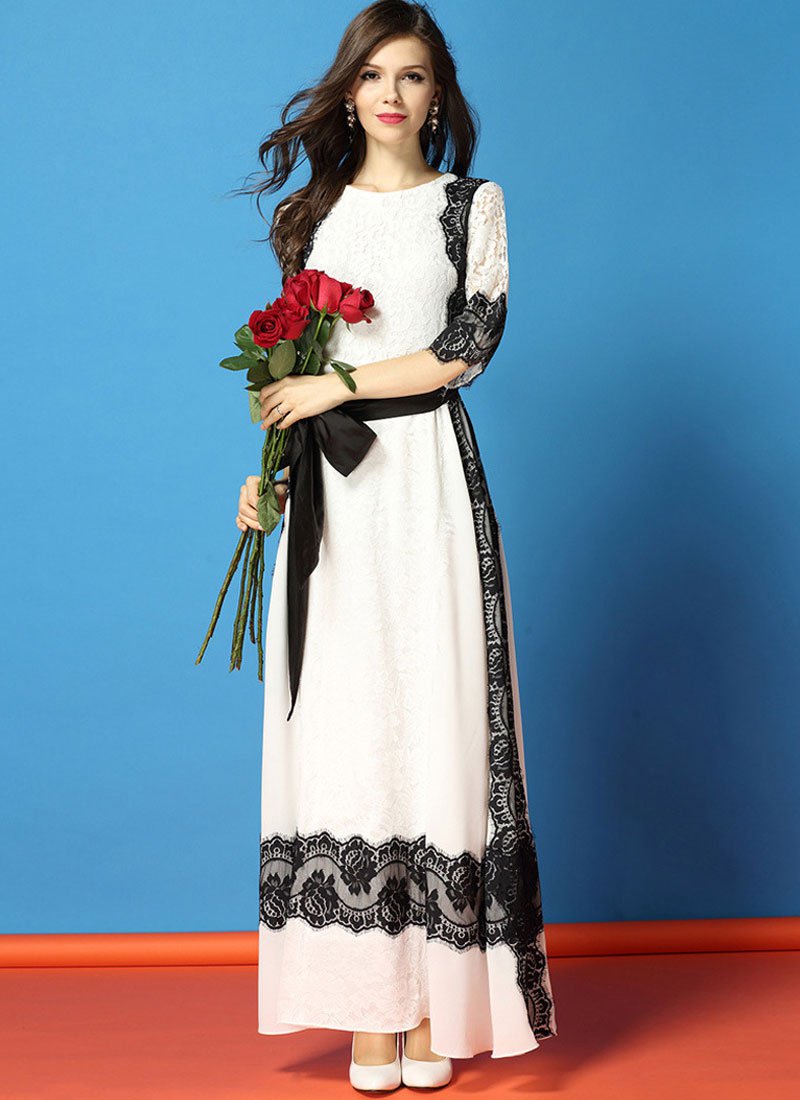 White Lace Chiffon Maxi Dress With Black Eyelash Lace Details Rm445