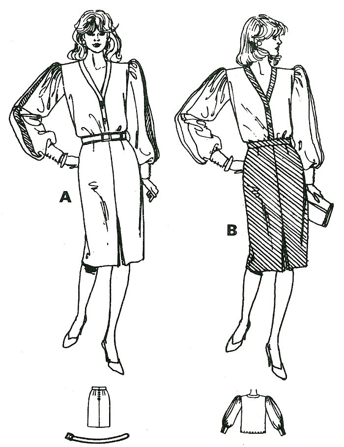 Pencil Skirt Blouse Sewing Pattern Vintage Big Sleeve Button Front Top ...