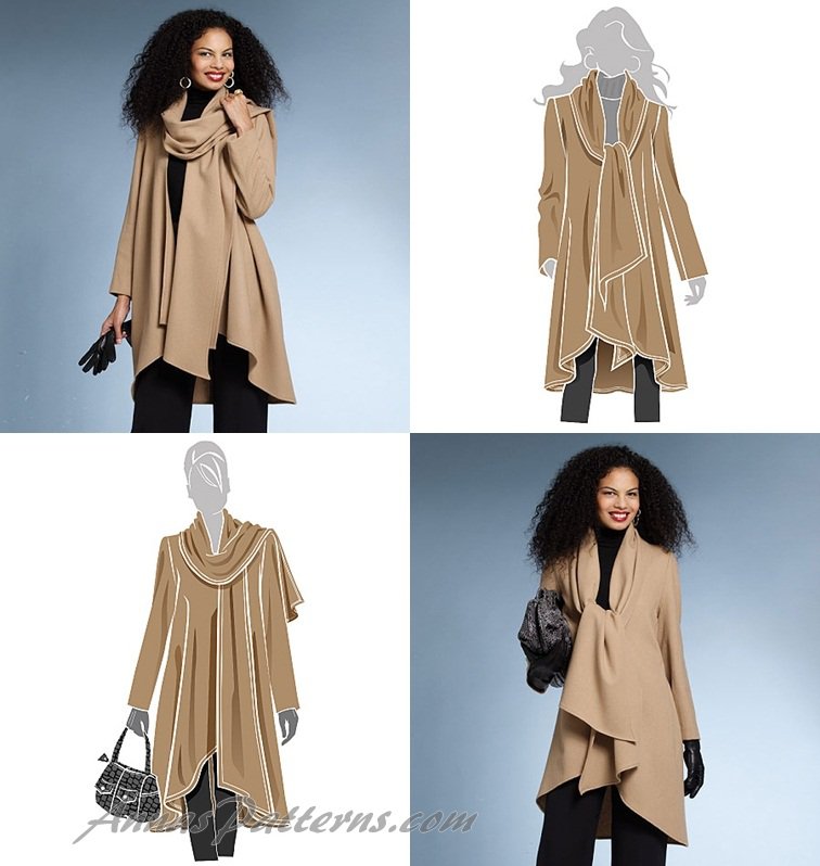 Easy Unlined Coat Jacket Sewing Pattern Scarf Neck Shawl Style Loose ...