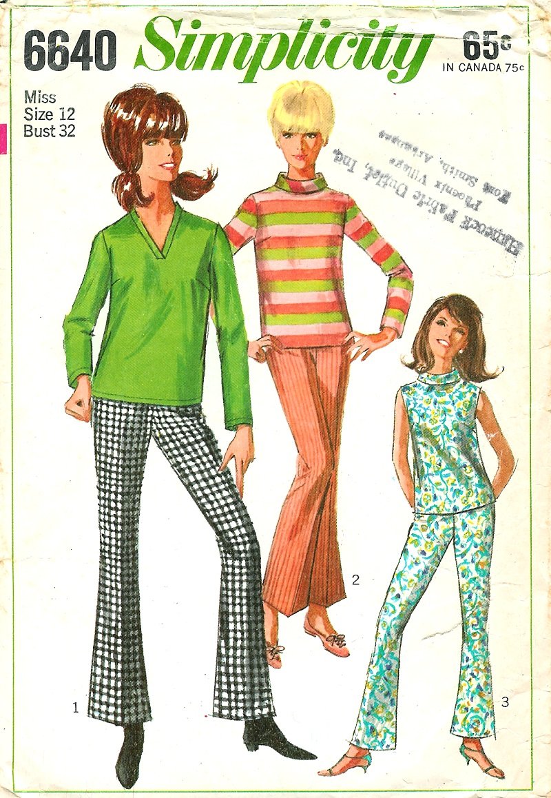 60s Pantsuit Sewing Pattern Sz 12 Mod Cowl Top Long Sleeve Sleeveles ...