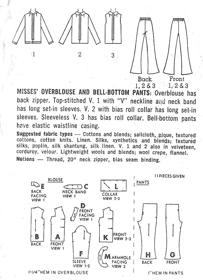 60s Pantsuit Sewing Pattern Sz 12 Mod Cowl Top Long Sleeve Sleeveles ...