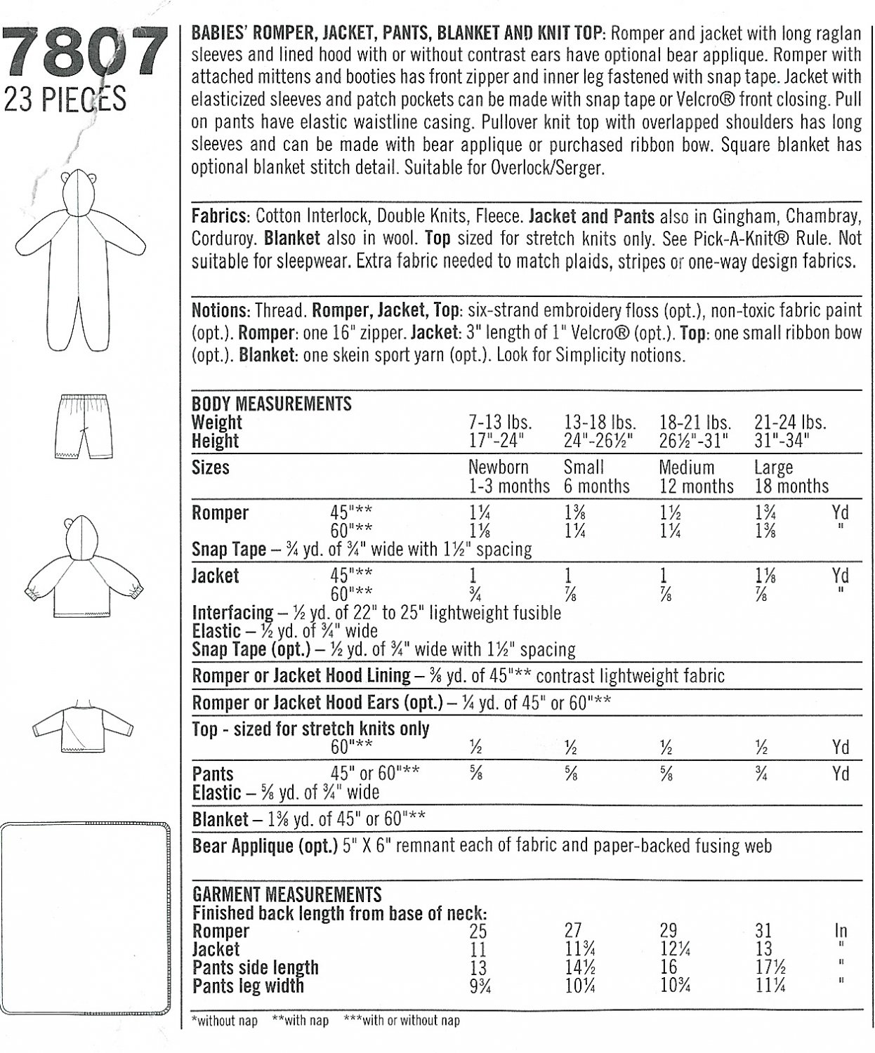 Simplicity Sewing Pattern Baby Bunting Zip One Piece Romper Jacket Pant ...