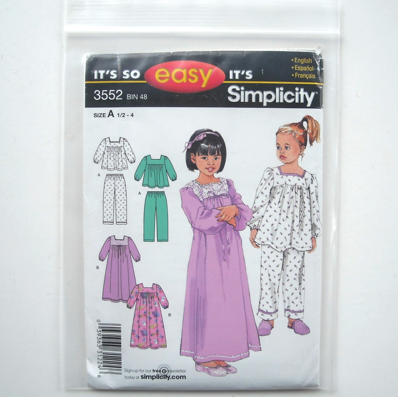 Simplicity Pattern 3552 Size 1/2 - 4 It's So Easy Toddlers Kids Pajamas ...