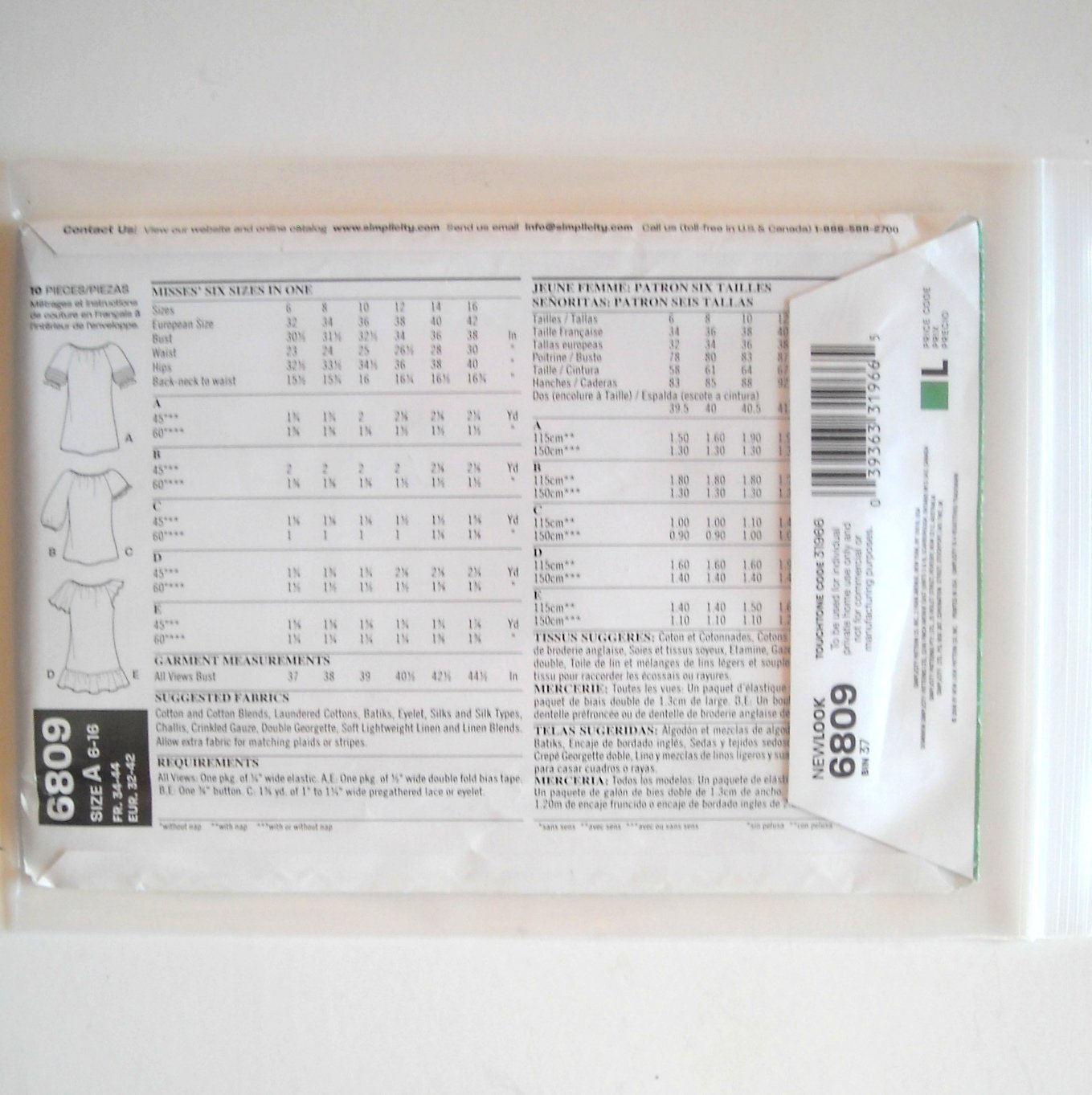 New Look Simplicity Pattern 6809 Size 6 - 16 Womens Misses Blouse Tops