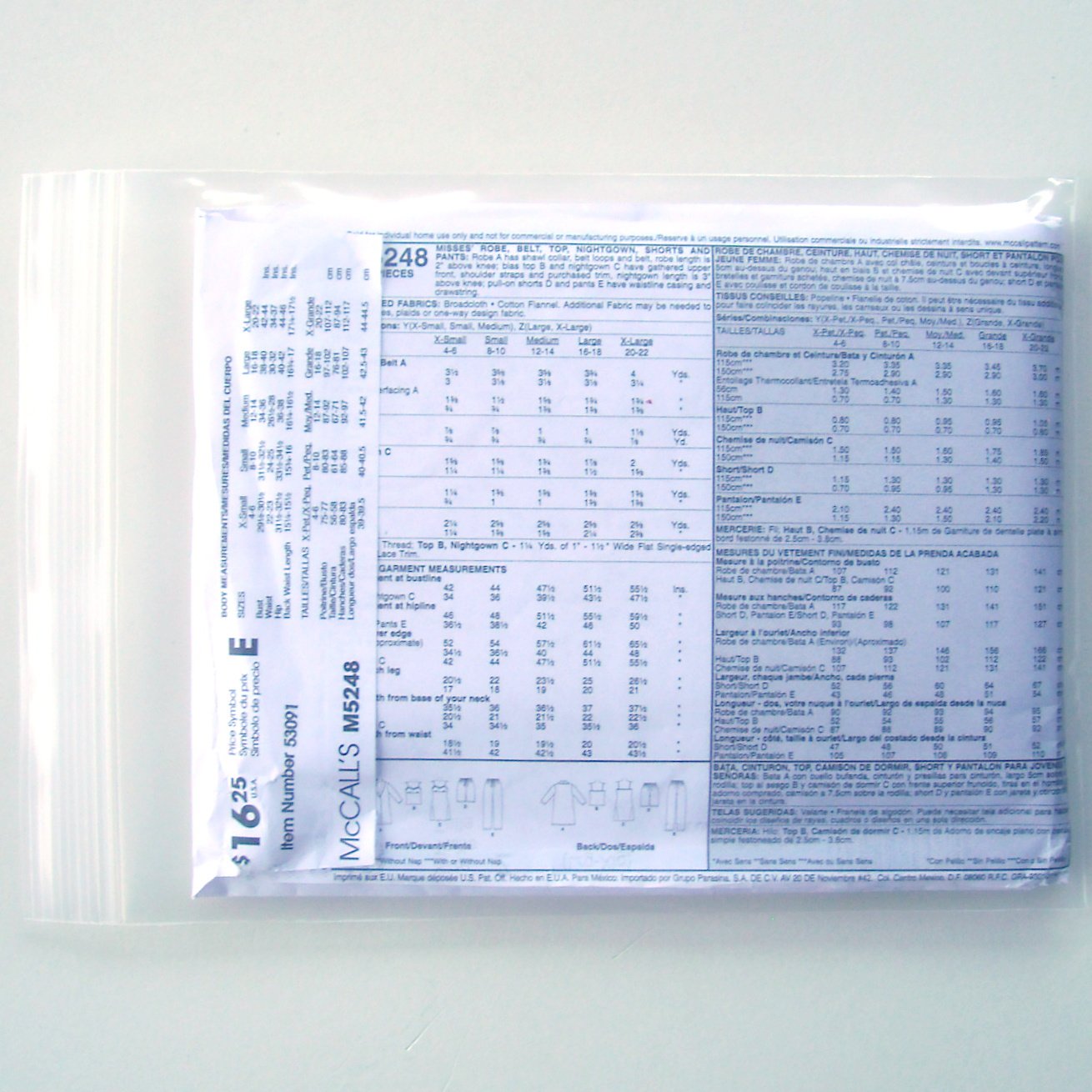 McCall Sewing Pattern M5248 Size L - XL Misses Robe Belt Top Nightgown ...